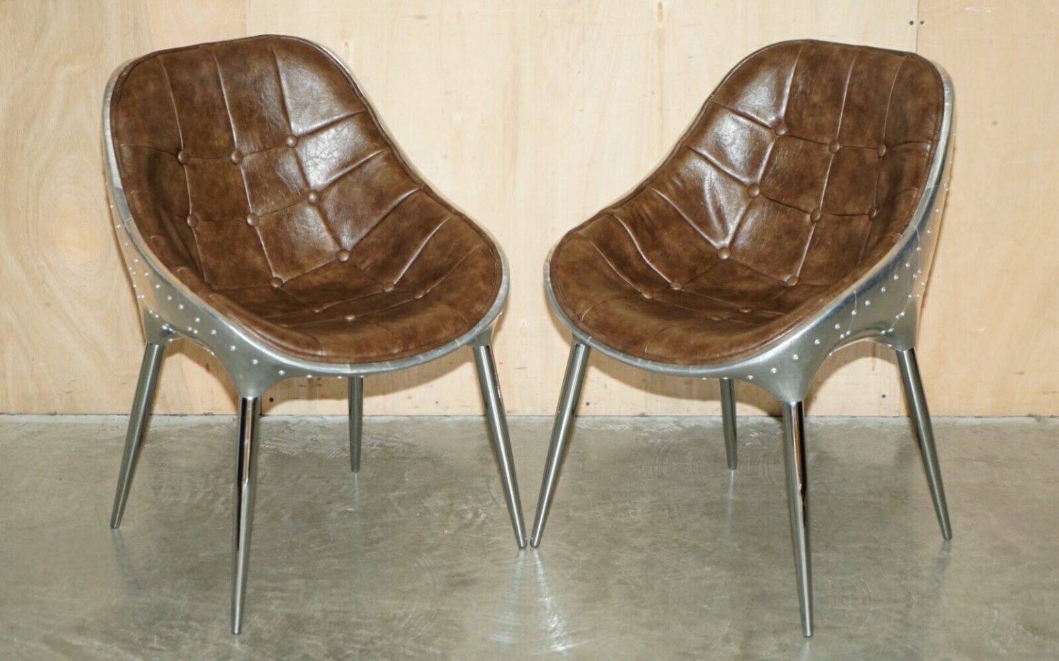 SIX HERITAGE BROWN LEATHER CHESTERFIELD TUFTED AVIATOR ALUMINIUM DINING ...